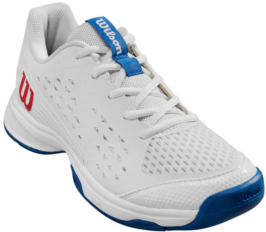 Wilson Junior Rush Pro L Tennis Shoes (White/Deja Vu Blue/Wilson Red)